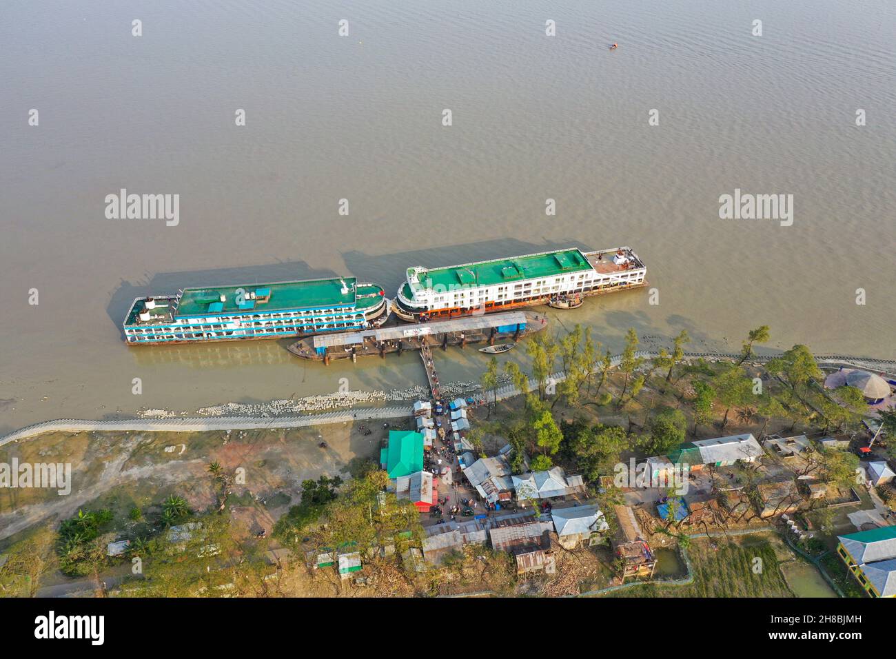 Aerial View of the Char Fasson river port on the bank of Meghna River ...
