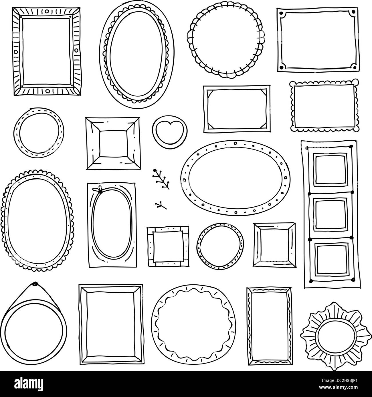 Hand drawn picture frame. Doodle square oval photo frames, scrapbook ...