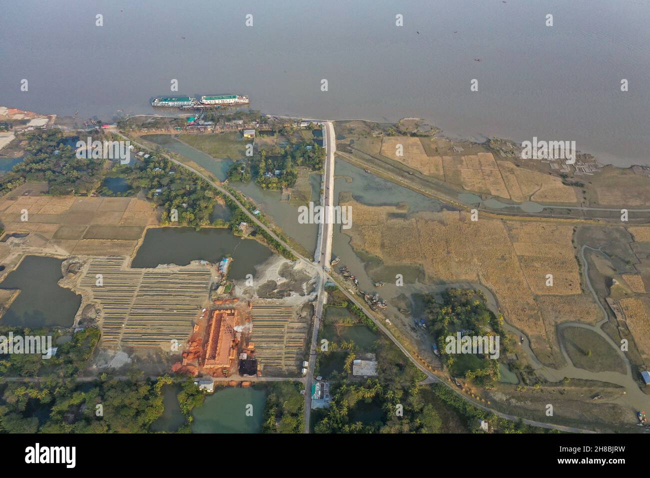 Aerial View of the Char Fasson river port on the bank of Meghna River ...