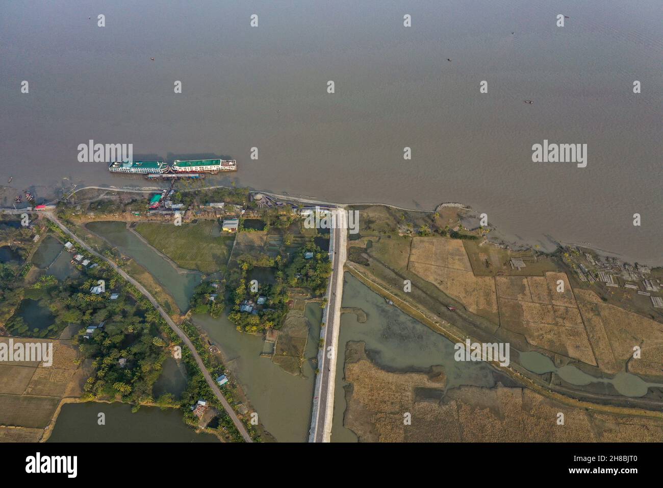 Aerial View of the Char Fasson river port on the bank of Meghna River ...