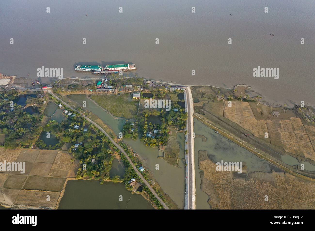 Aerial View of the Char Fasson river port on the bank of Meghna River ...