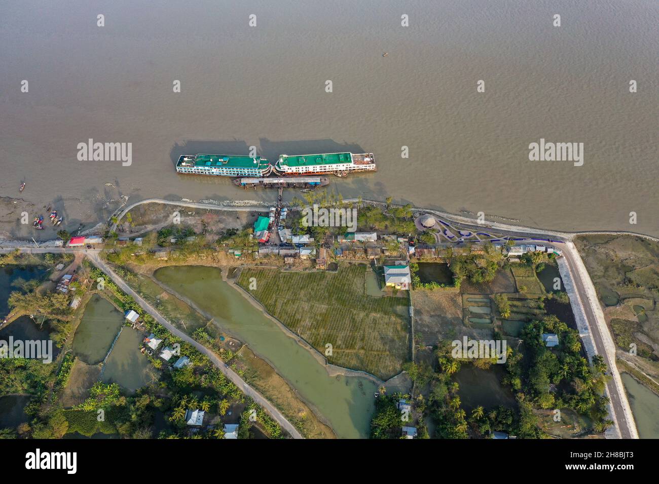 Aerial View of the Char Fasson river port on the bank of Meghna River ...