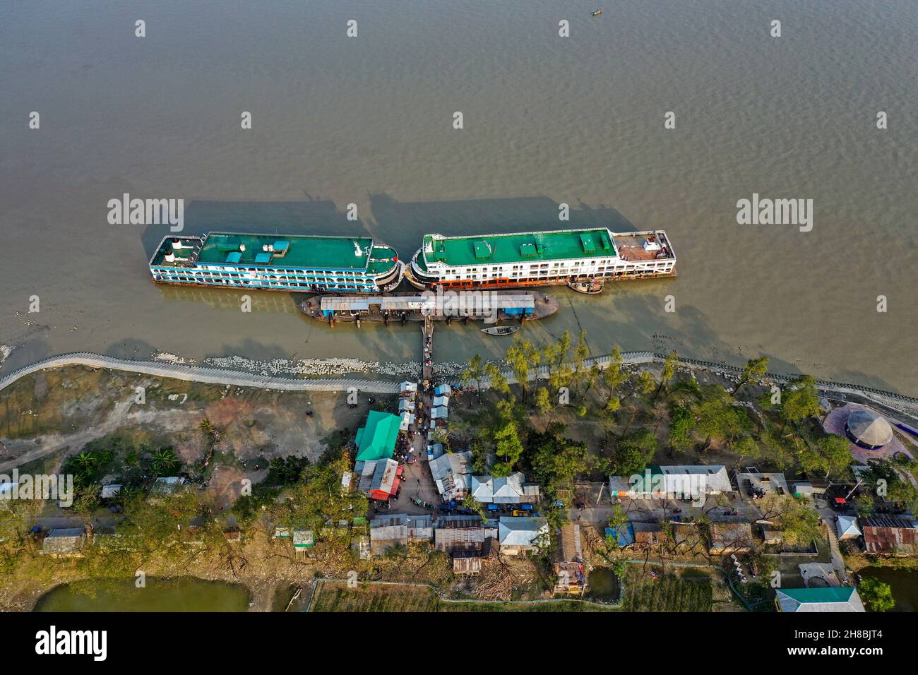 Aerial View of the Char Fasson river port on the bank of Meghna River ...