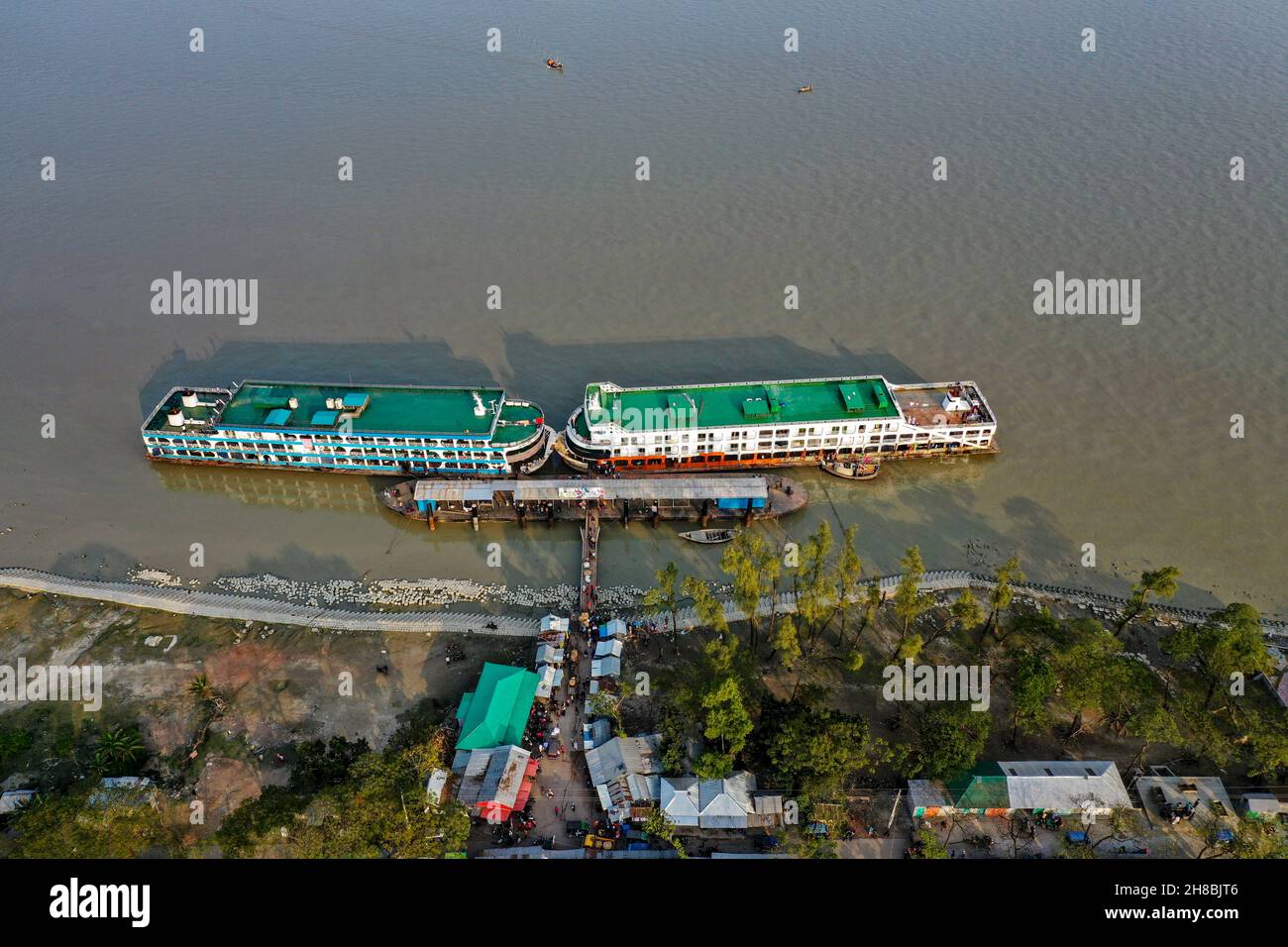 Aerial View of the Char Fasson river port on the bank of Meghna River ...