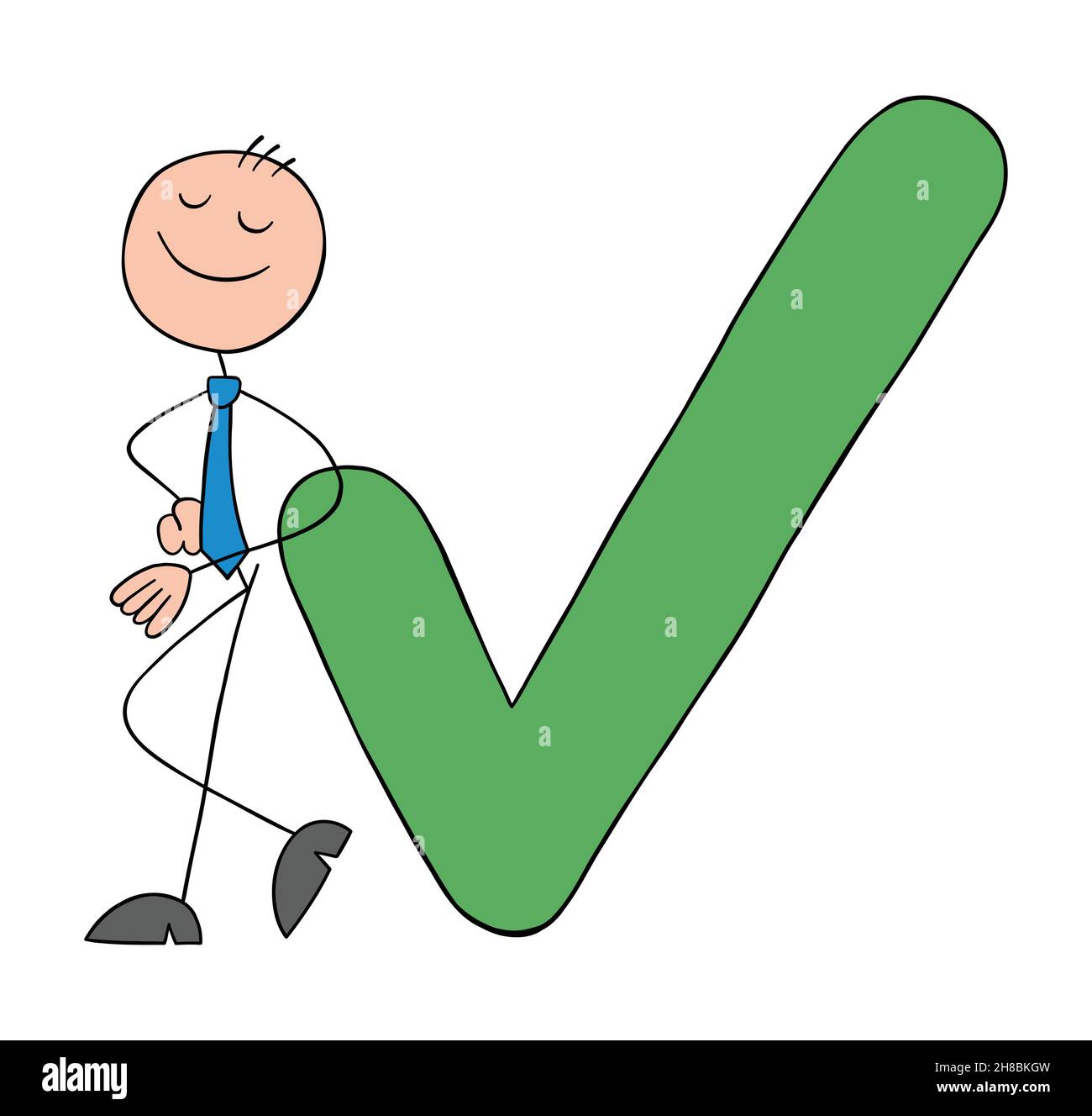 Approve, stickman businessman leaning on check mark and happy. Hand ...