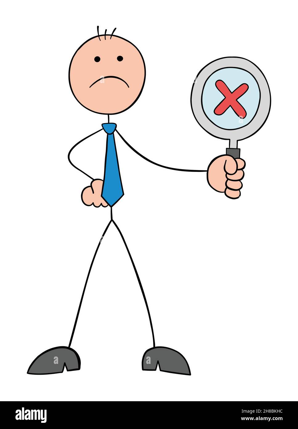 Problem, stickman businessman holding magnifying glass, examined and ...