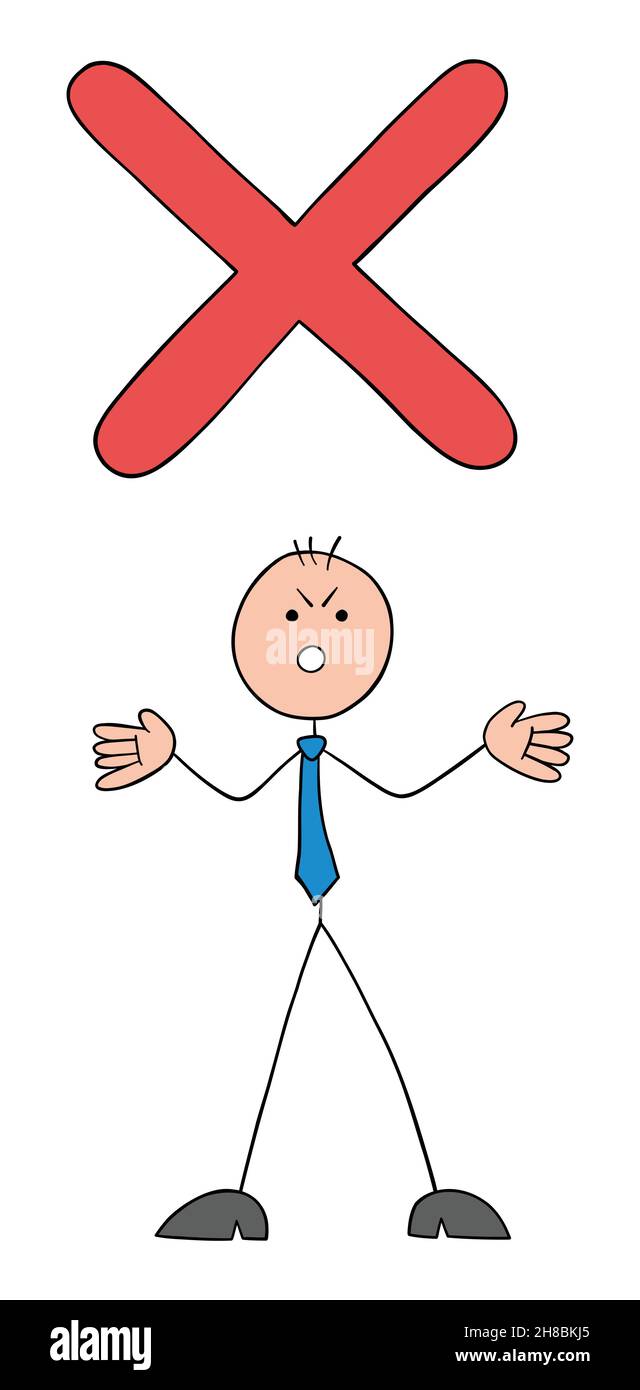 Problem, stickman businessman is angry and refuses. Hand drawn outline ...