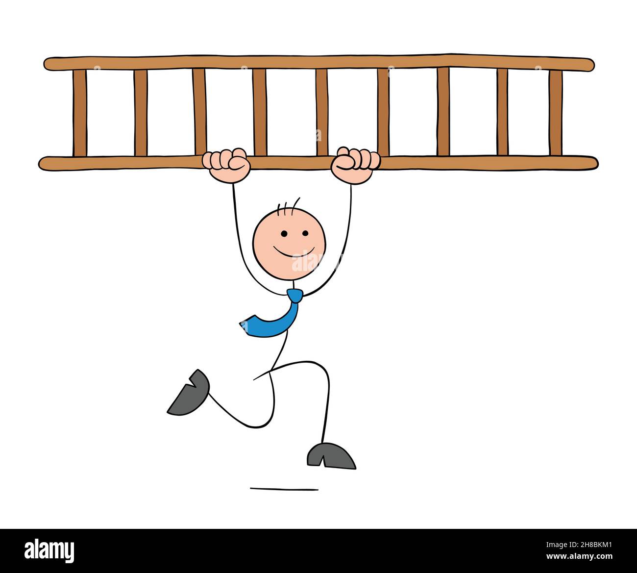 Stickman businessman carrying wooden ladder and running. Hand drawn ...