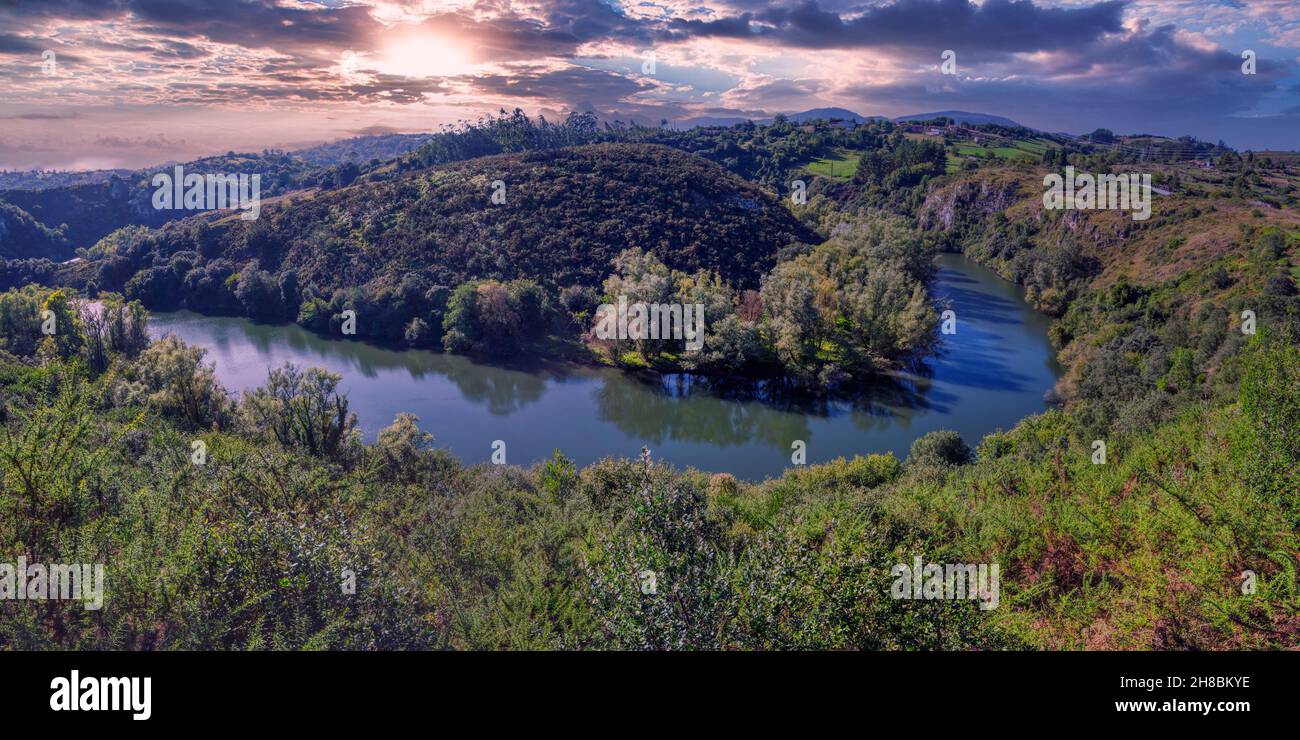 Aerial view of the meanders of the Nora river in Asturias, Spain Stock ...