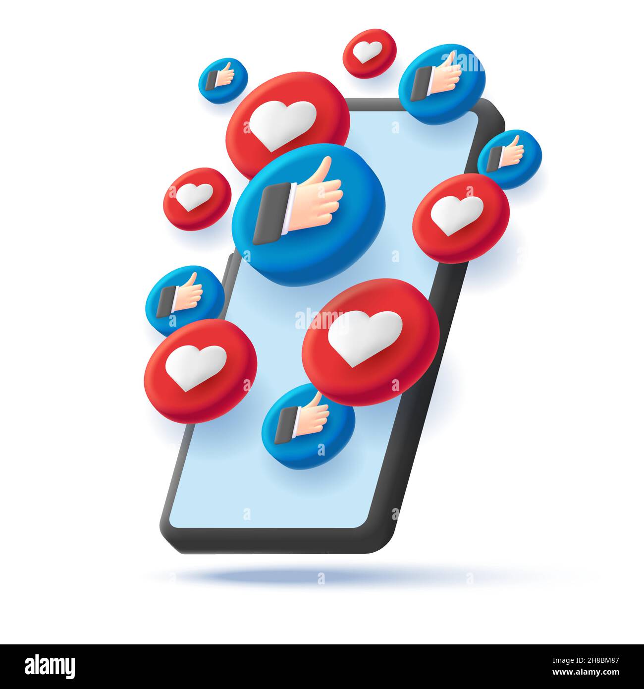 3d illustration of a smartphone with likes as hearts and hands with ...