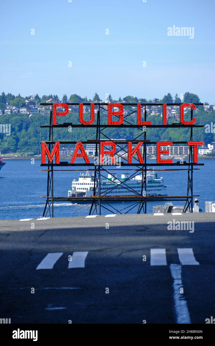 Big Red Sign Of Public Market, Seattle Stock Photo - Alamy