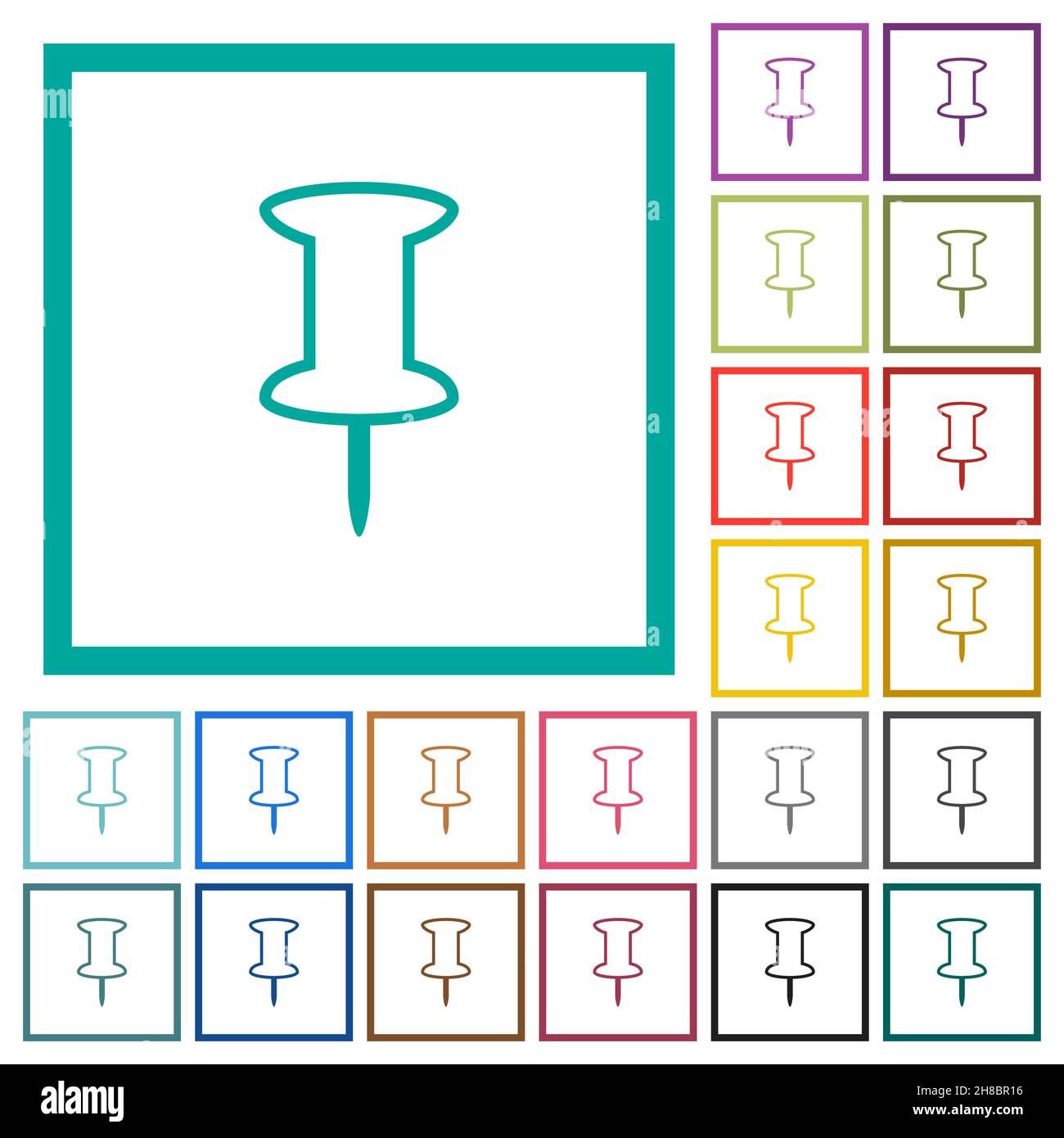 Push pin outline flat color icons with quadrant frames on white ...