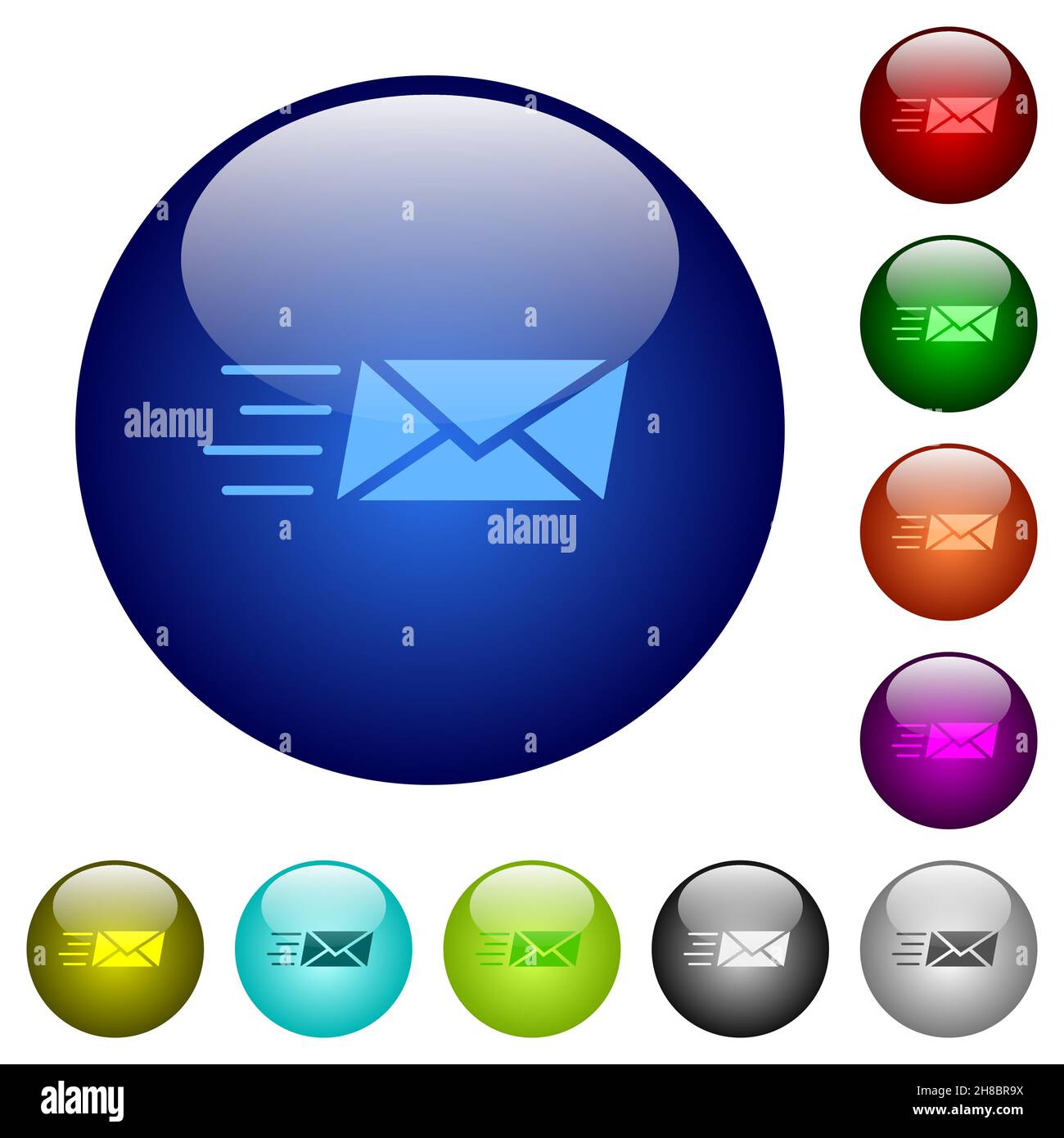 Sending express mail solid icons on round glass buttons in multiple ...
