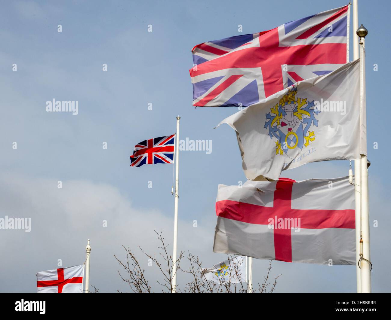 British and English flags fly above Havering Town Hall Stock Photo - Alamy