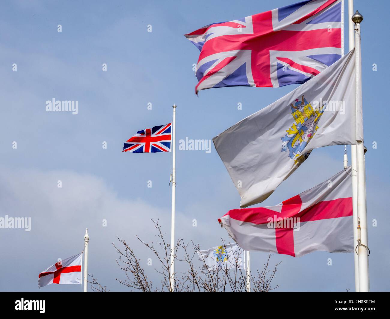 British and English flags fly above Havering Town Hall Stock Photo - Alamy