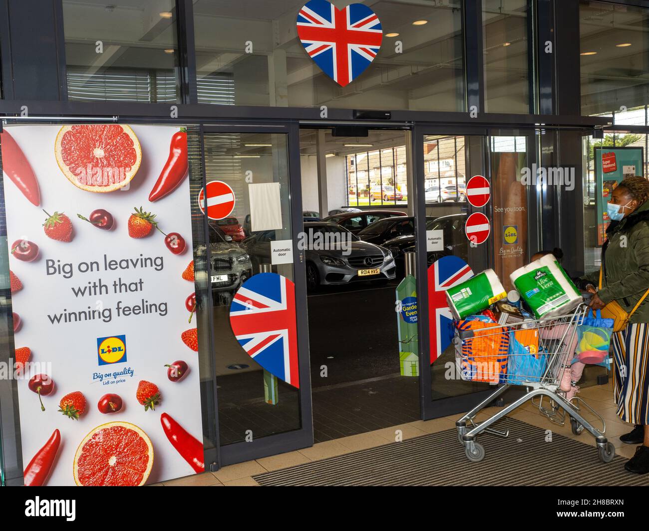Heart shaped British flags greet shoppers arriving at the Lidl store on ...