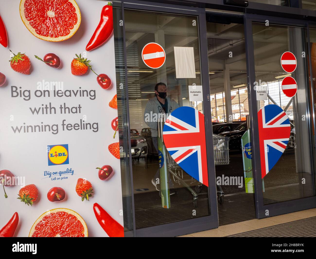 Heart shaped British flags greet shoppers arriving at the Lidl store on ...