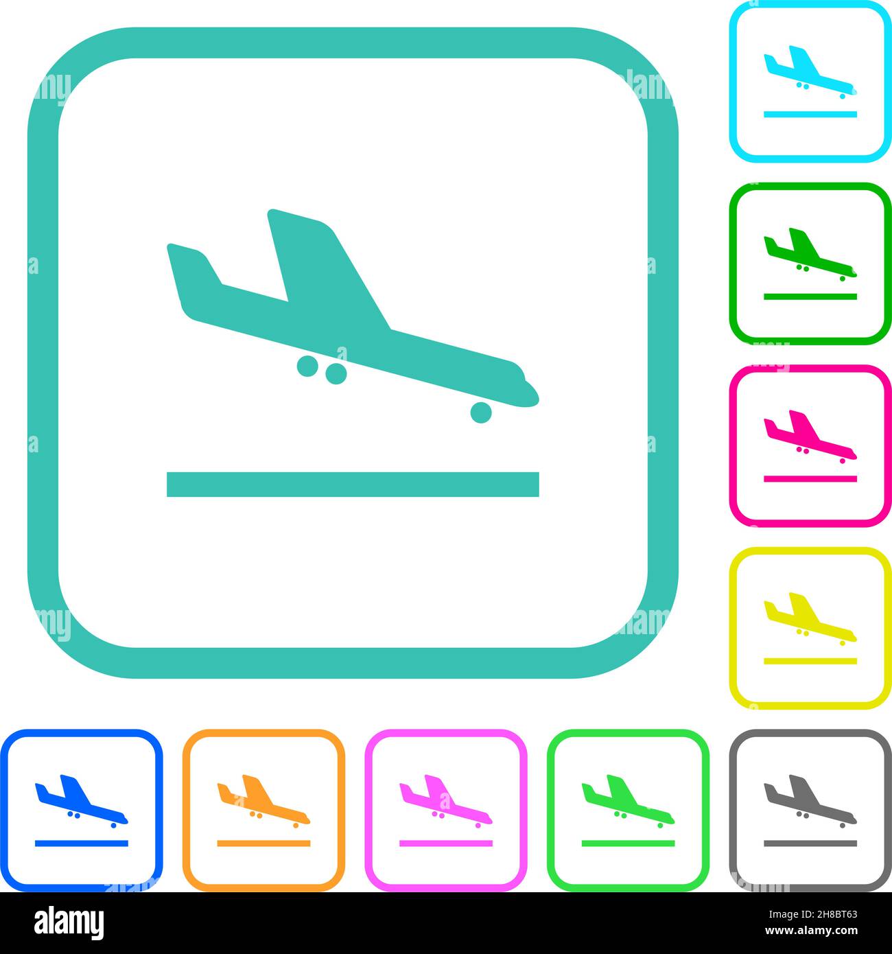 Airplane landing vivid colored flat icons in curved borders on white ...