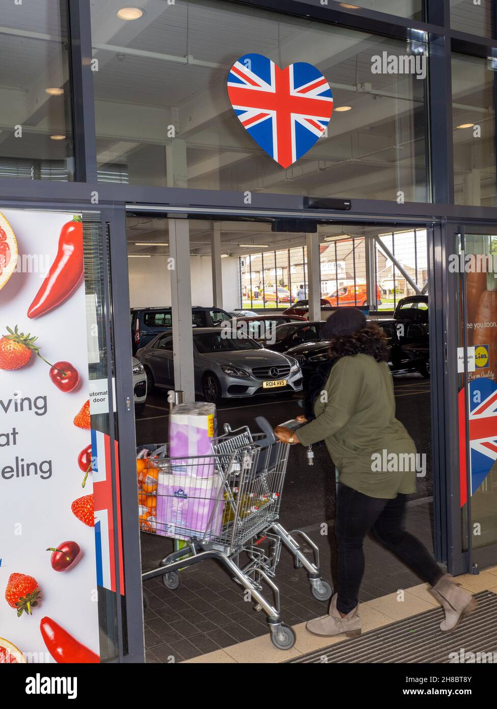 Heart shaped British flags greet shoppers arriving at the Lidl store on ...