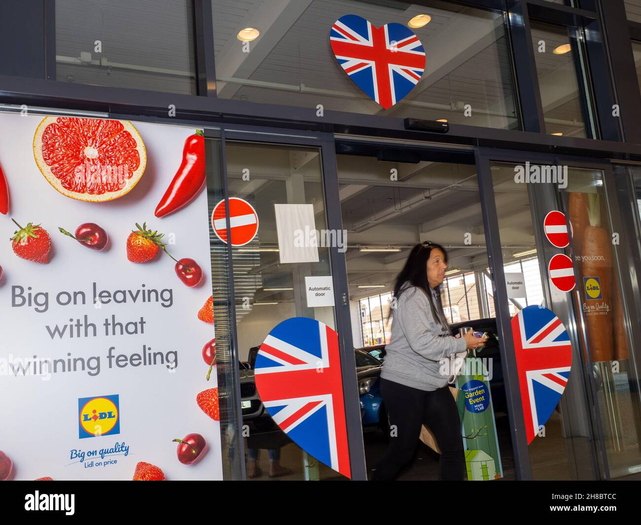 Heart shaped British flags greet shoppers arriving at the Lidl store on ...