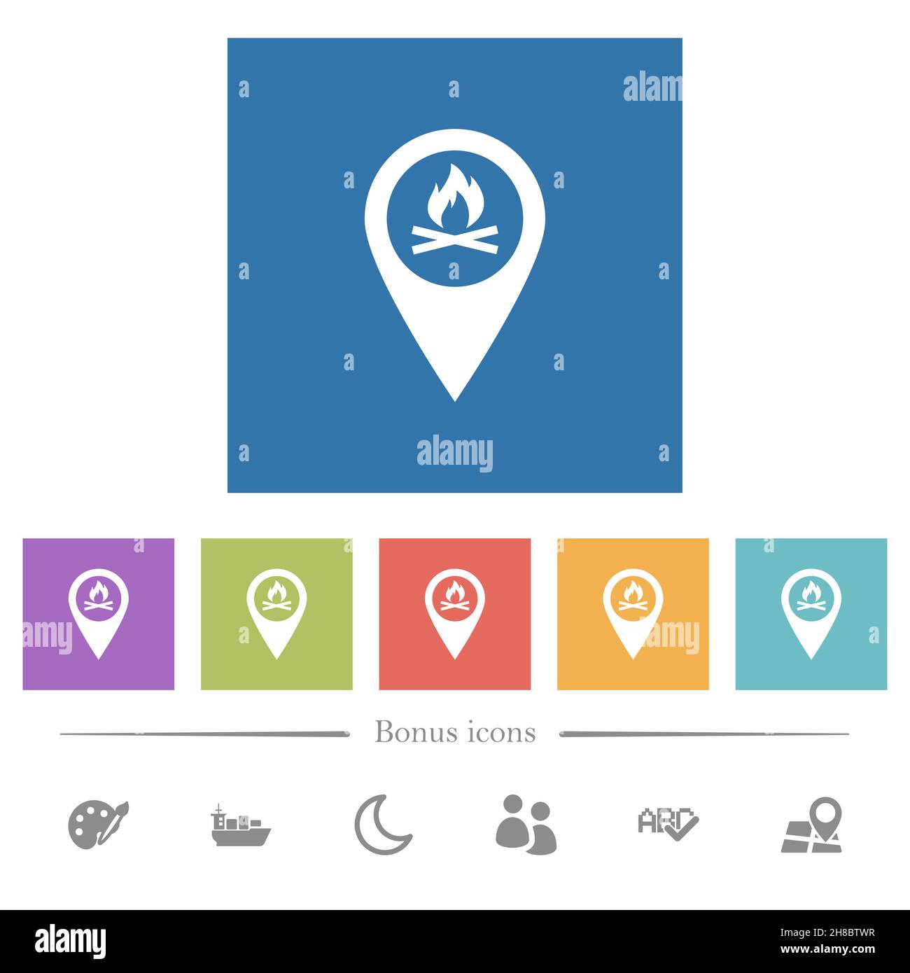 Camp GPS map location flat white icons in square backgrounds. 6 bonus ...