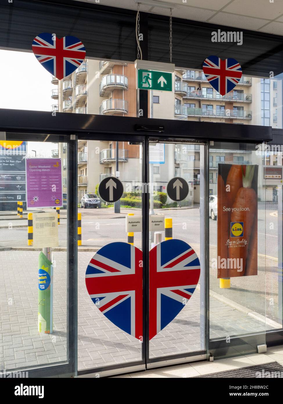 A heart shaped British flag greets shoppers a a Lidl store in Romford ...