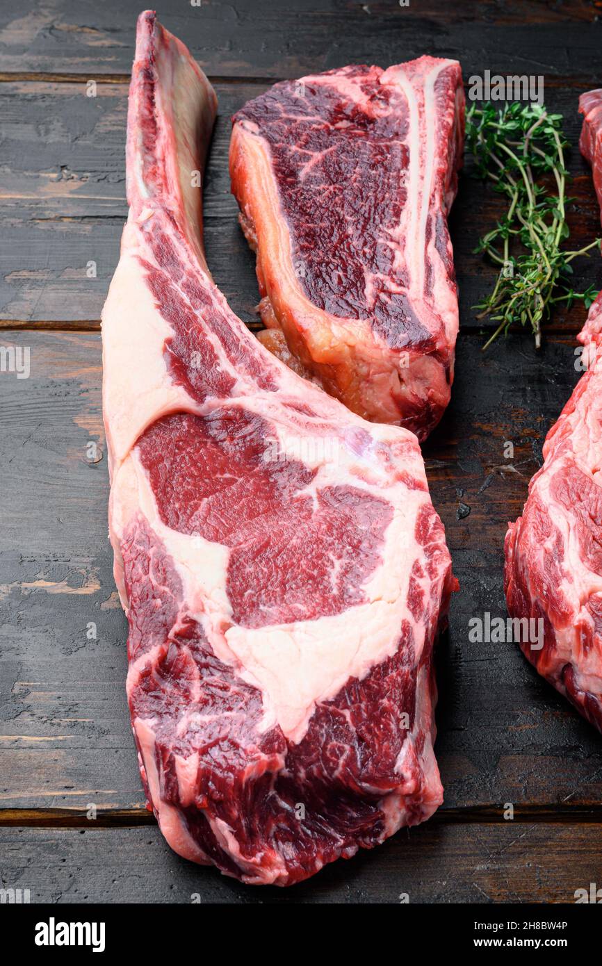 Raw prime beef meat dry aged steak set, tomahawk, t bone or porterhouse ...