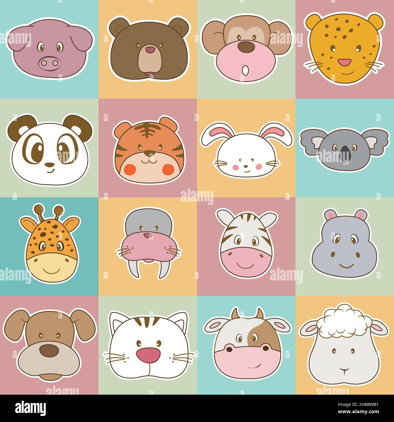 Big set cute cartoon animals faces. Vector illustration Stock Vector ...