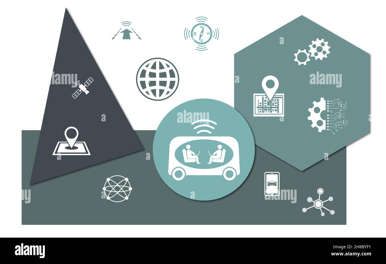 Concept of self-driving car with icons on geometric shapes background ...