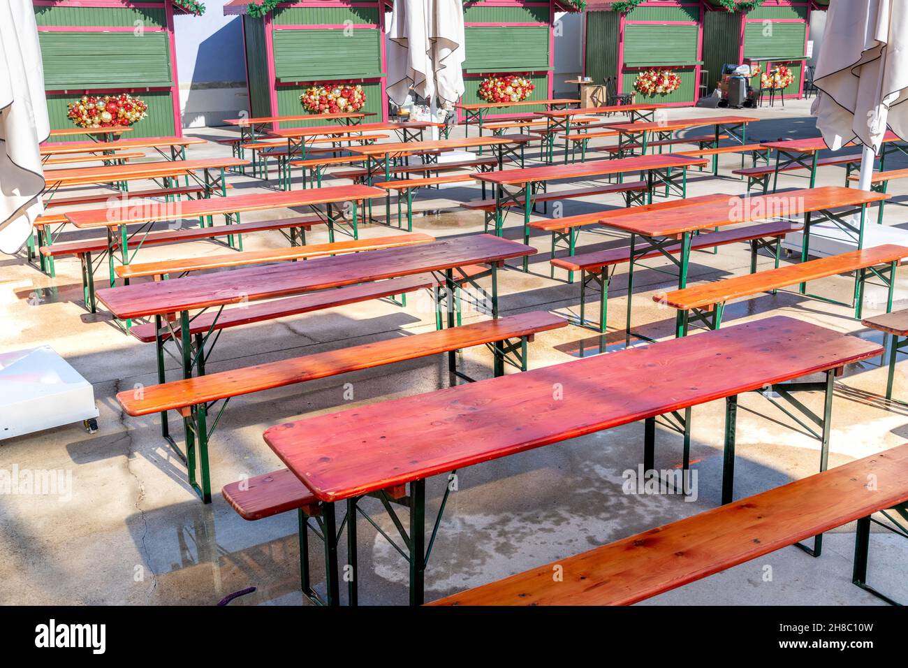 fairground and empty tables prepared for new year celebrations Stock ...