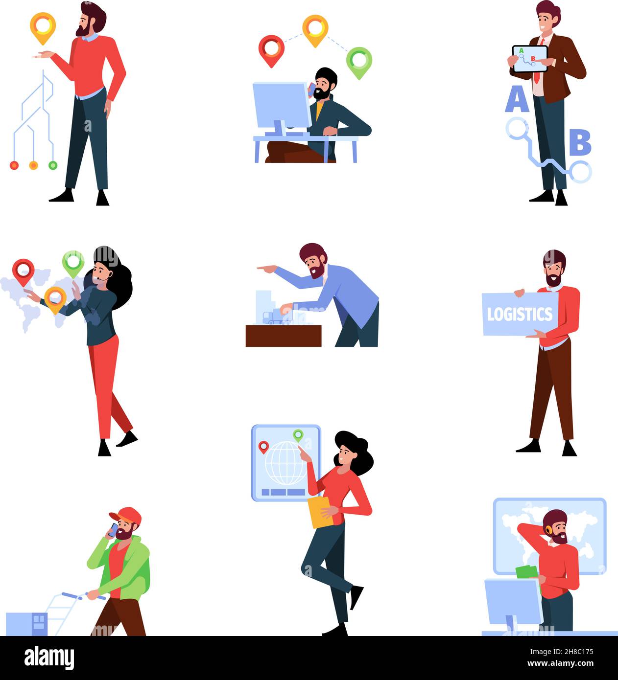 Logistic warehouse. Storage people controlling delivery services boxes ...