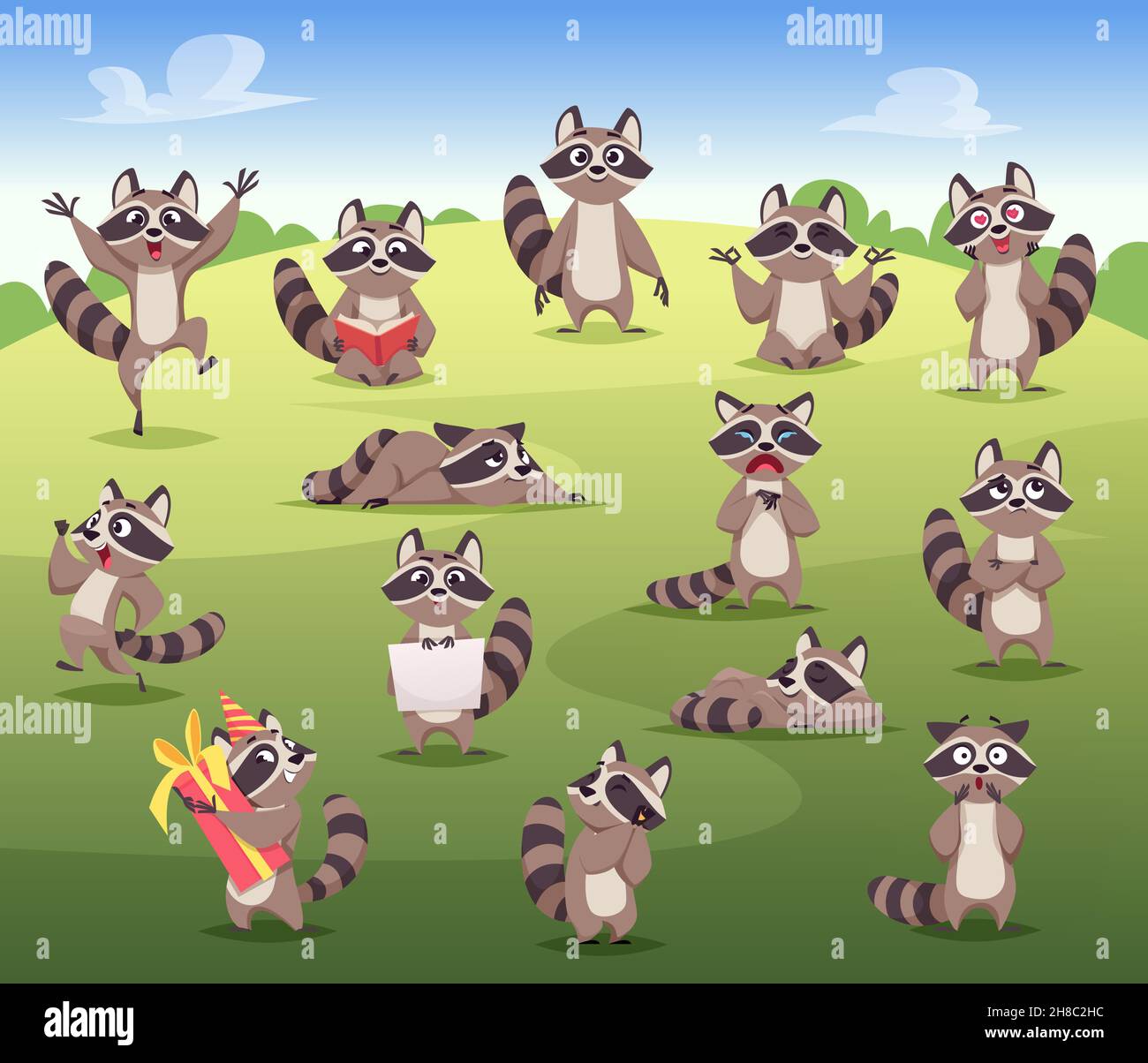 Raccoon. Cartoon wild animal in action poses mammals posing standing ...