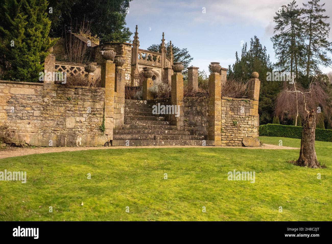 Eerie scenery of a gothic church with a graveyard in England Stock ...