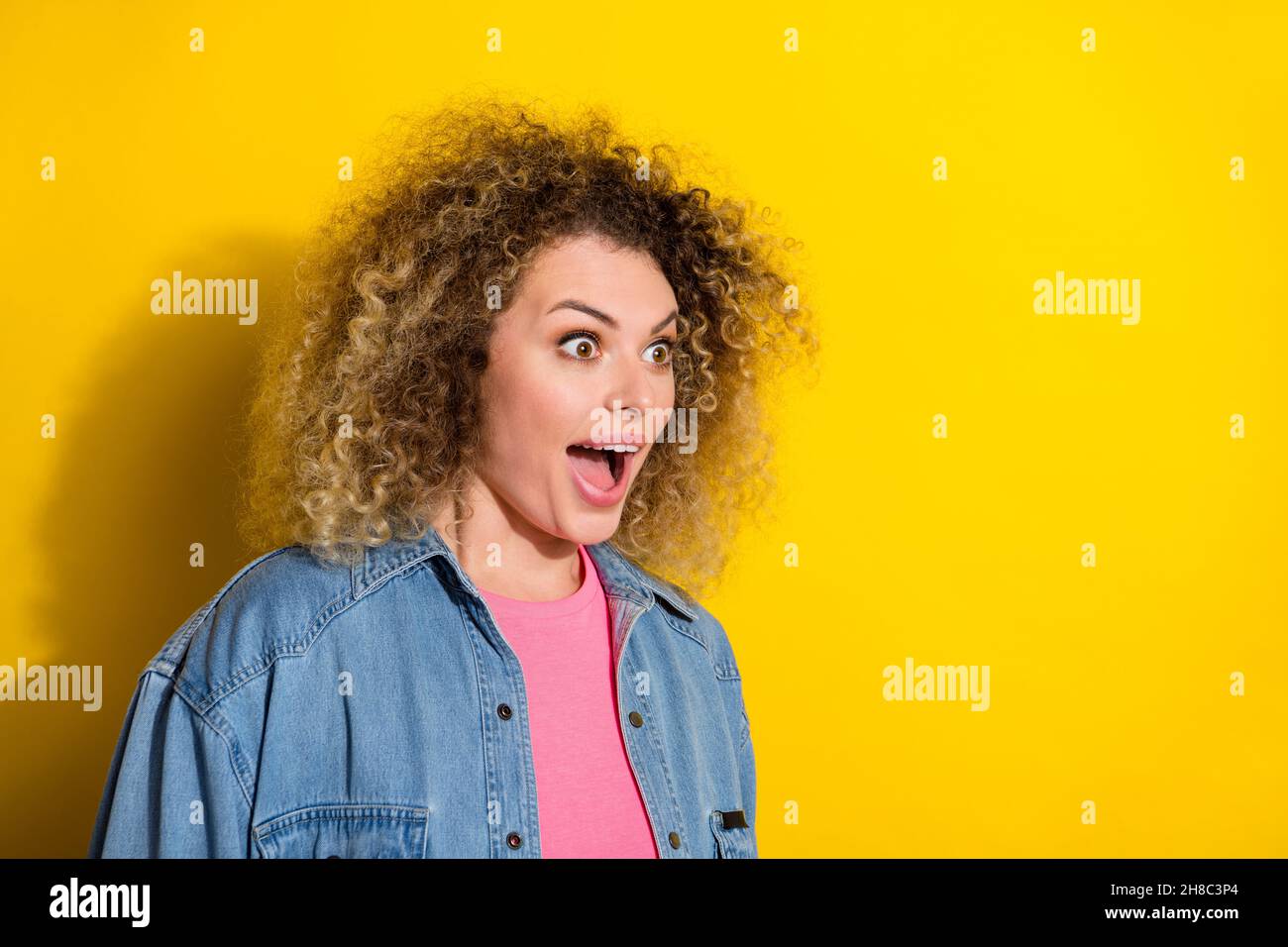 Profile photo of funny positive lady look empty space omg reaction wear ...