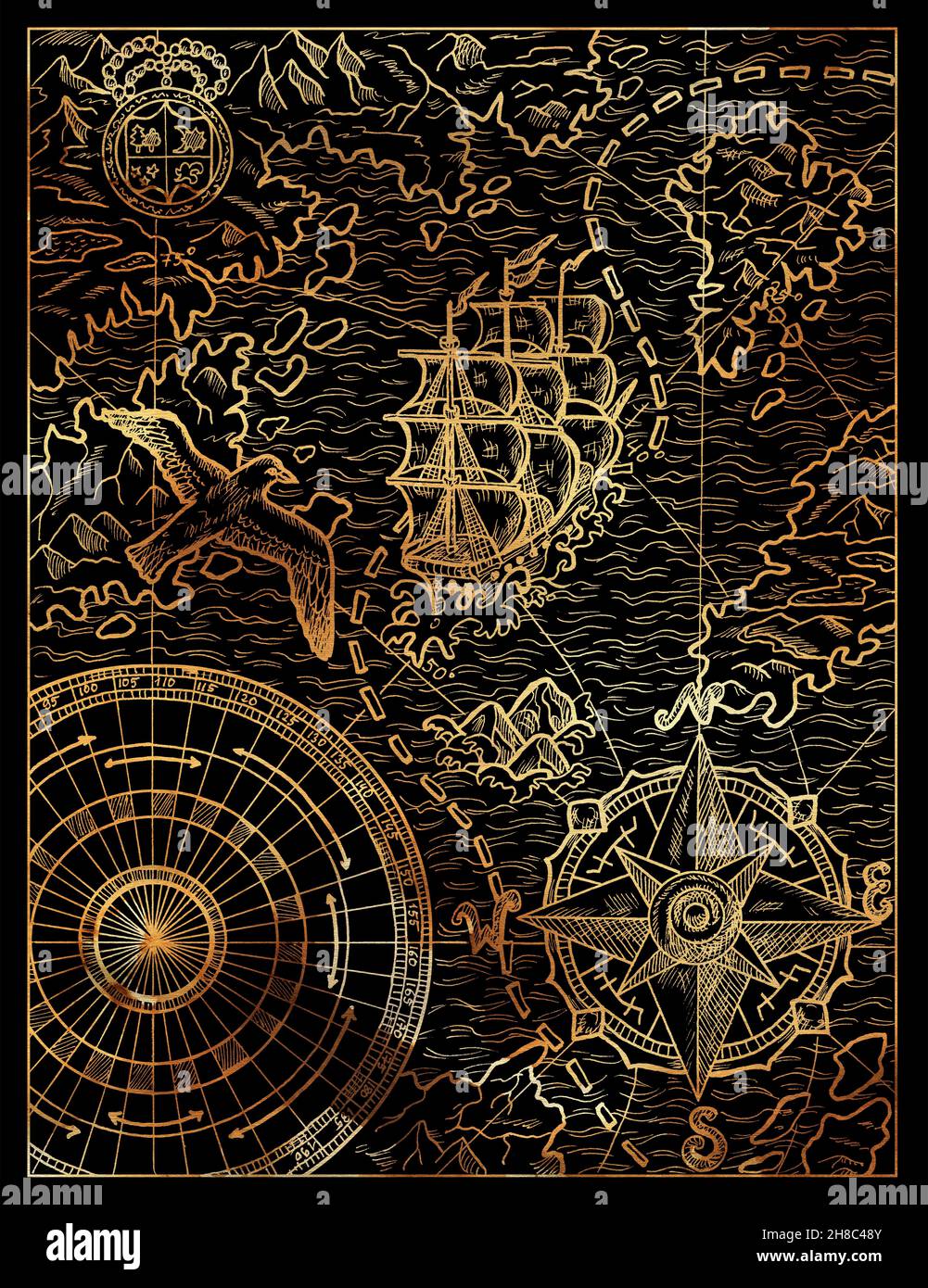 Black and gold illustration of old map with sailboat, gull, unknown ...