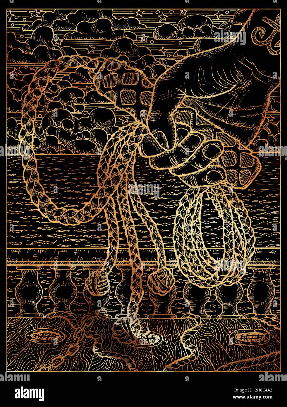 Black and gold illustration with hand holding whip against the ...