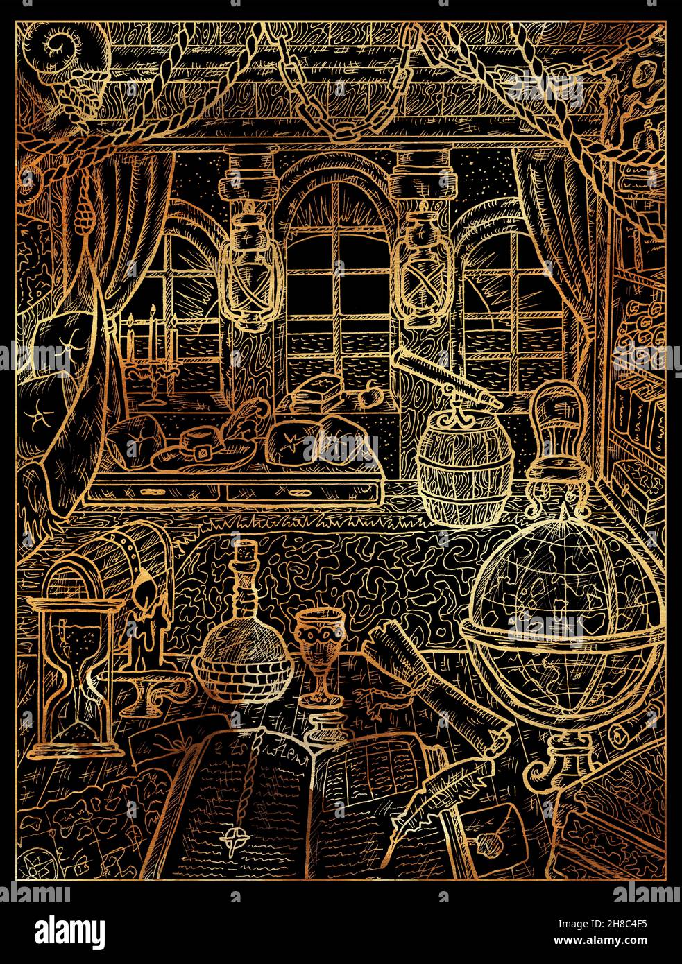 Black and gold illustration of captain or sailor room with illuminator ...