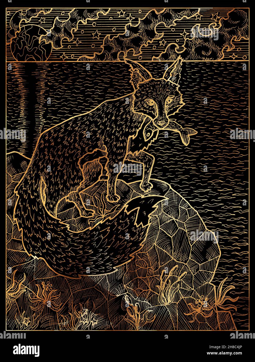 Black and gold illustration of hunting fox holding fish against the ...