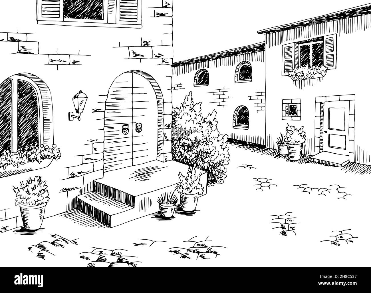 Old street road graphic black white city landscape sketch illustration ...