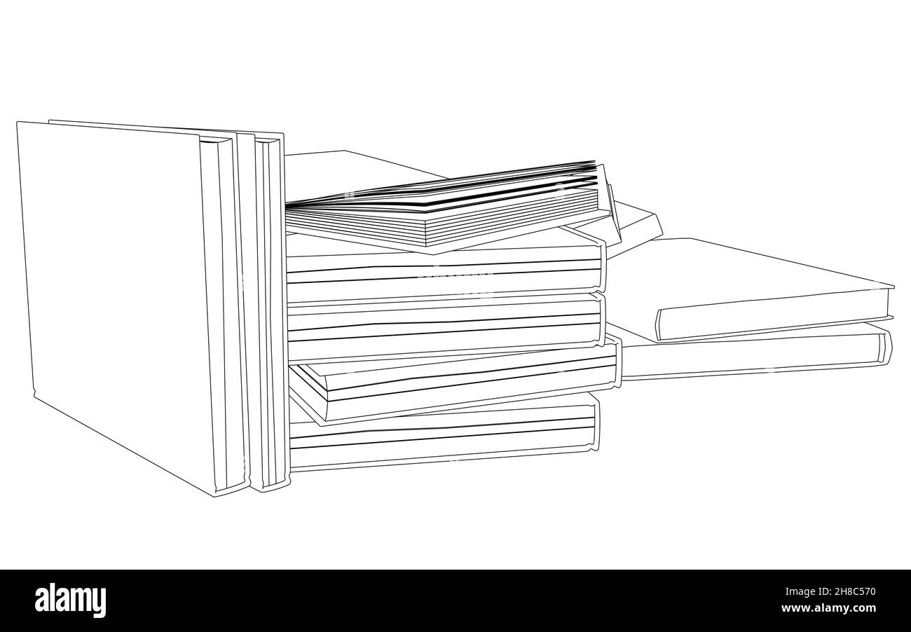 Contour of a pile of books from black lines isolated on a white ...