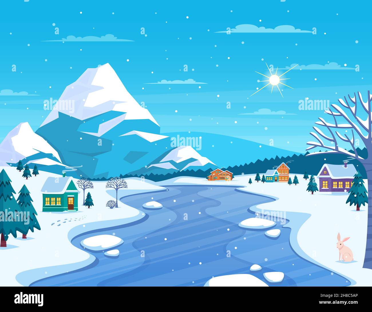 Winter landscape and town with mountains and frozen river flat vector ...