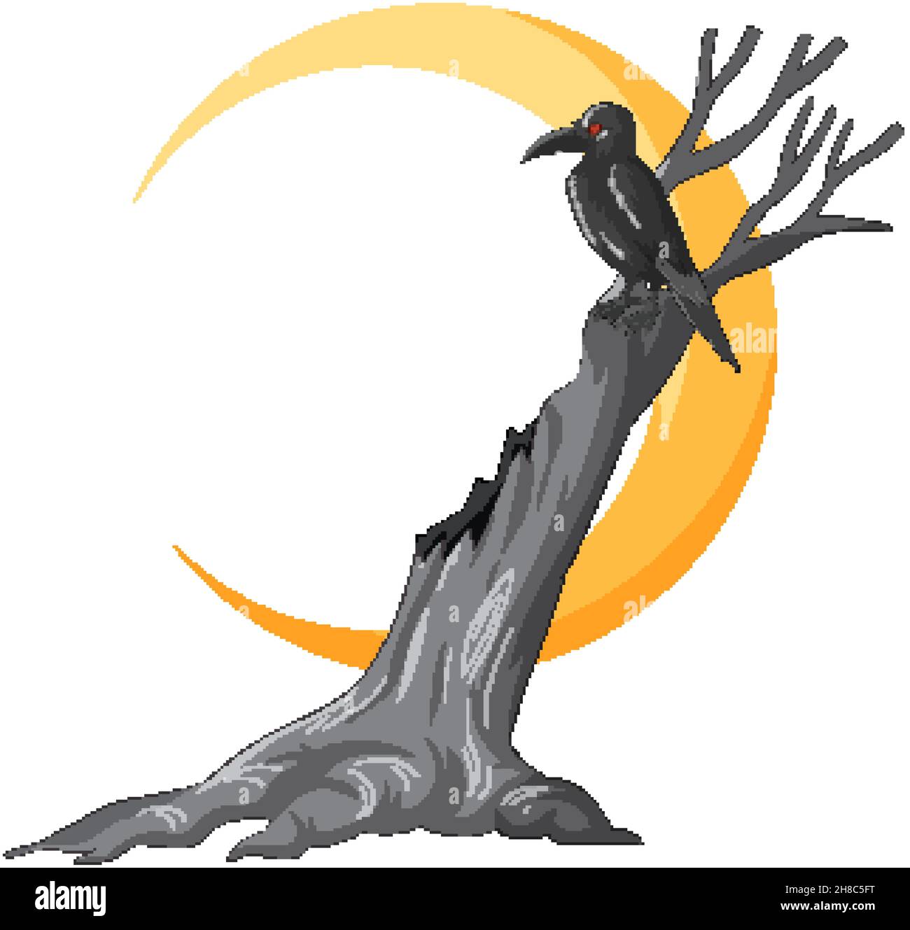 Black crow standing on dead tree with crescent moon illustration Stock ...