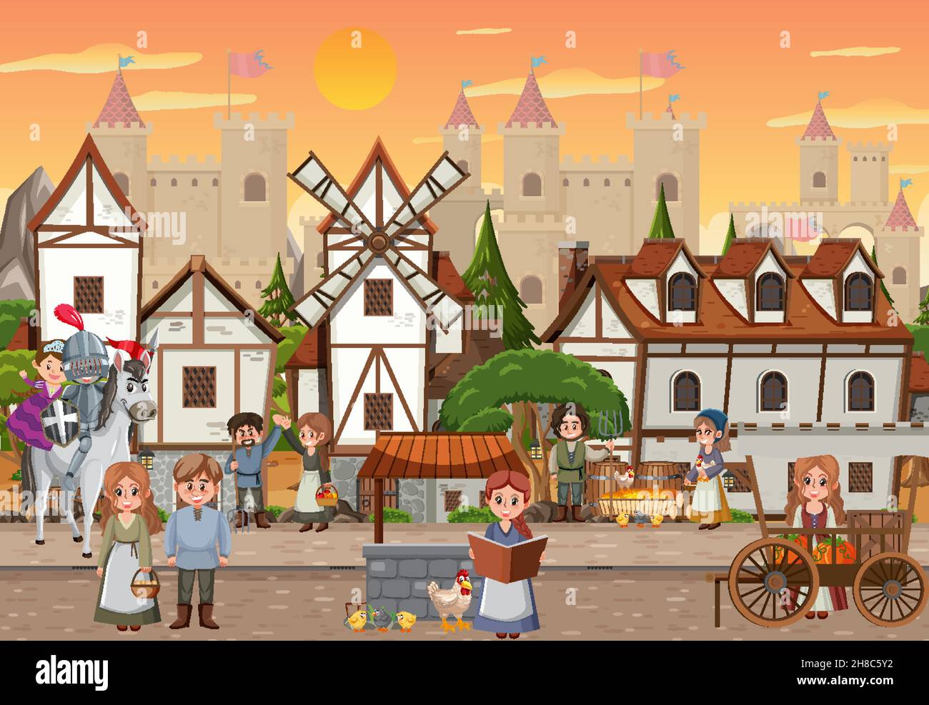 Medieval town at sunset time scene with villagers illustration Stock ...