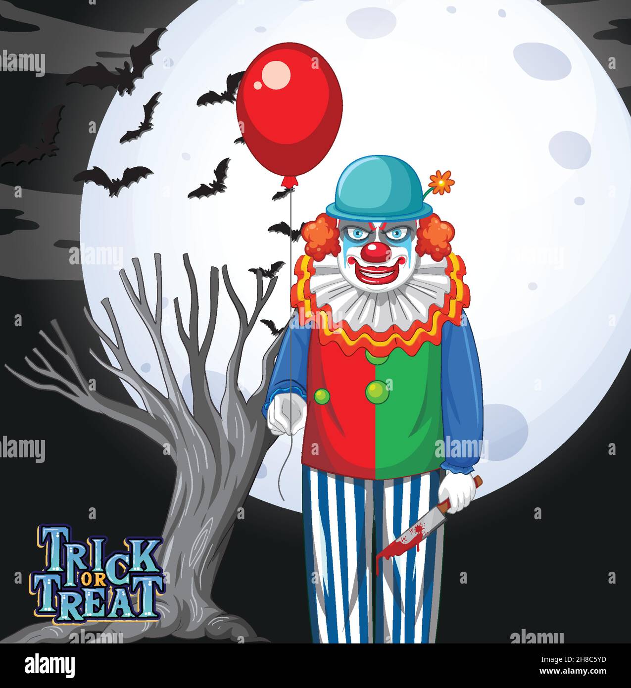 Scary clown holding balloon on full moon background illustration Stock ...