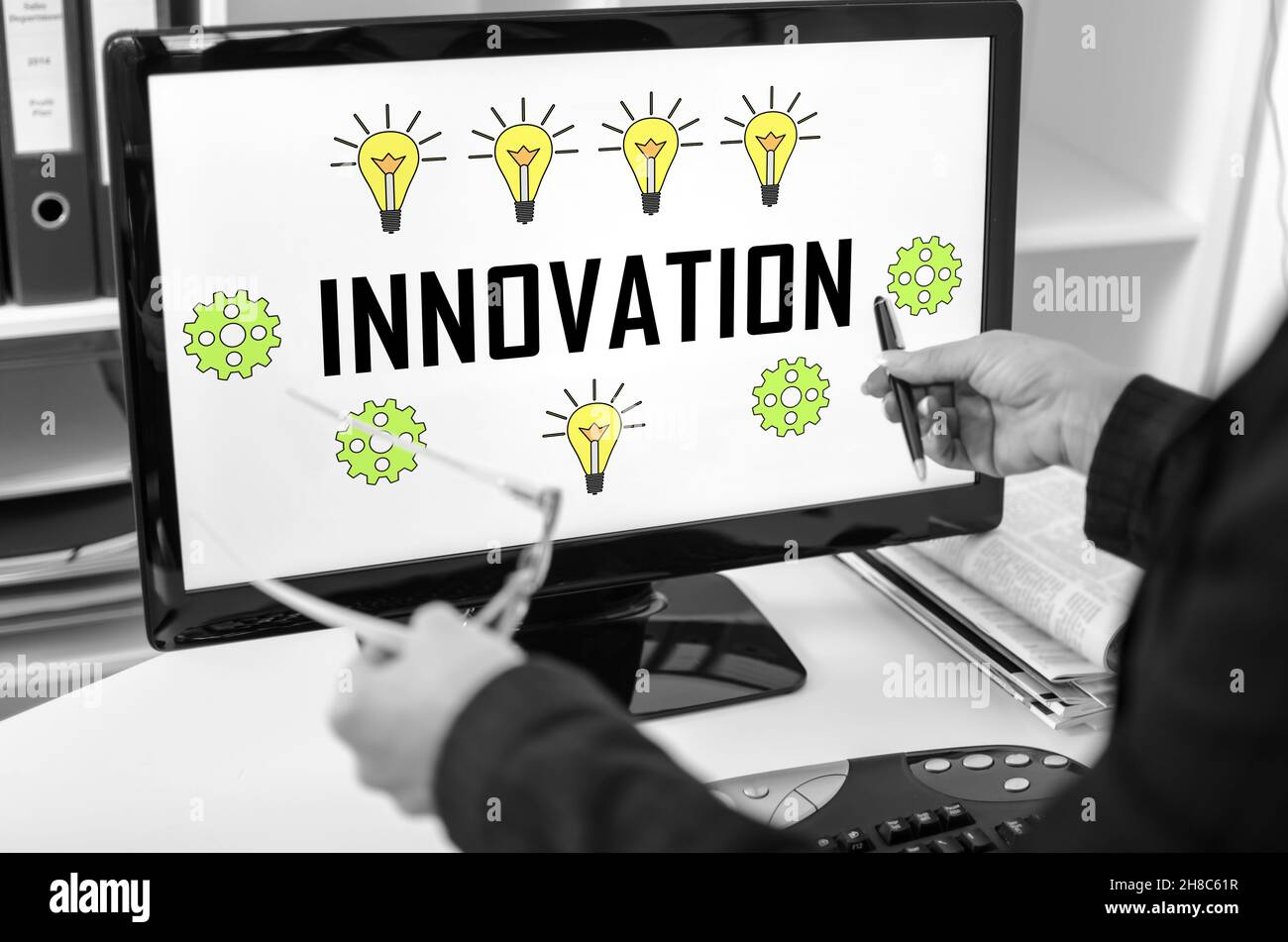 Businesswoman showing innovation concept on a computer screen Stock ...
