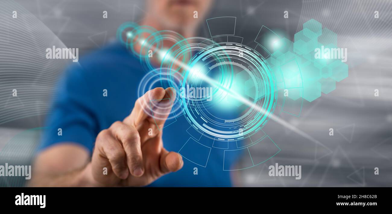 Man touching a technology concept on a touch screen with his finger ...