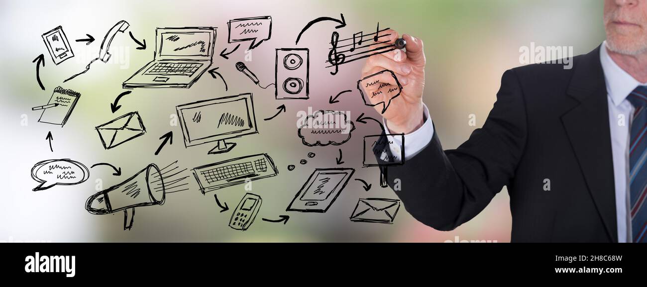 Businessman drawing a communication concept Stock Photo - Alamy
