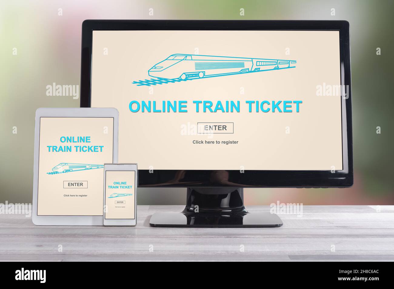 Online train ticket concept shown on different information technology ...