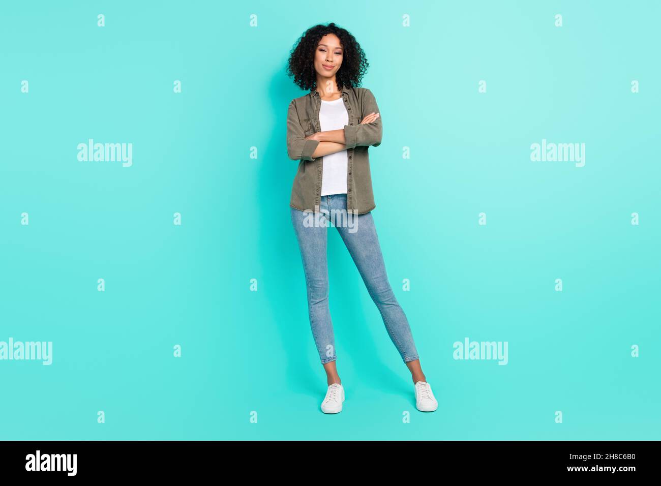 Full length body size view of attractive cheery content skinny girl ...