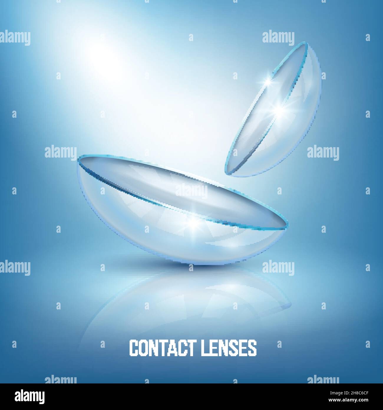 Realistic glossy eye lenses with reflection, composition on blue ...